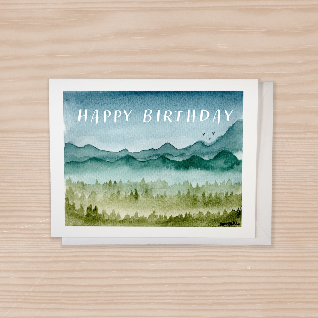 Happy Birthday Card, Mountains Card, Watercolor Landscape Stationary ...