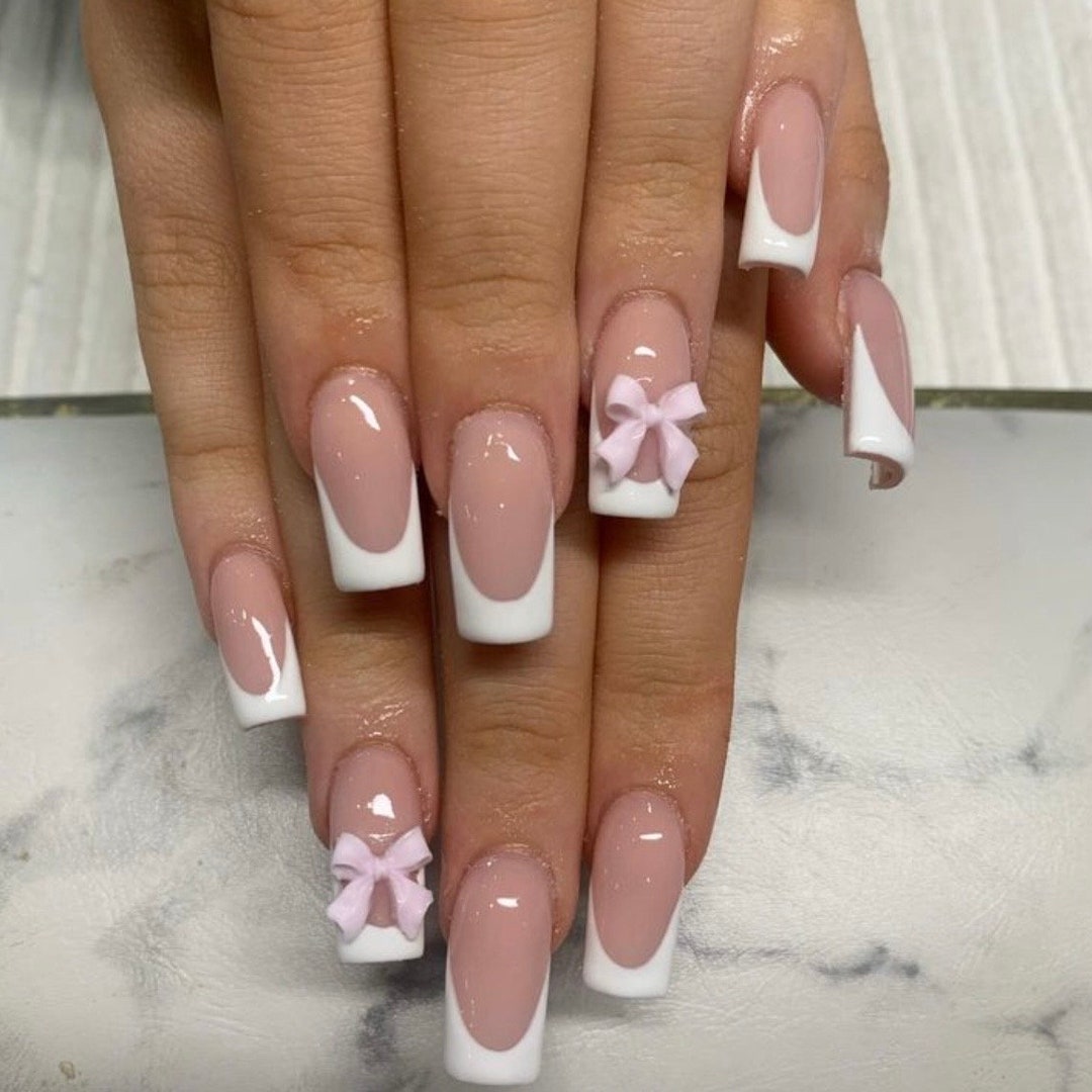 French Tip With Bow Press on Nails RIYNAILS - Etsy
