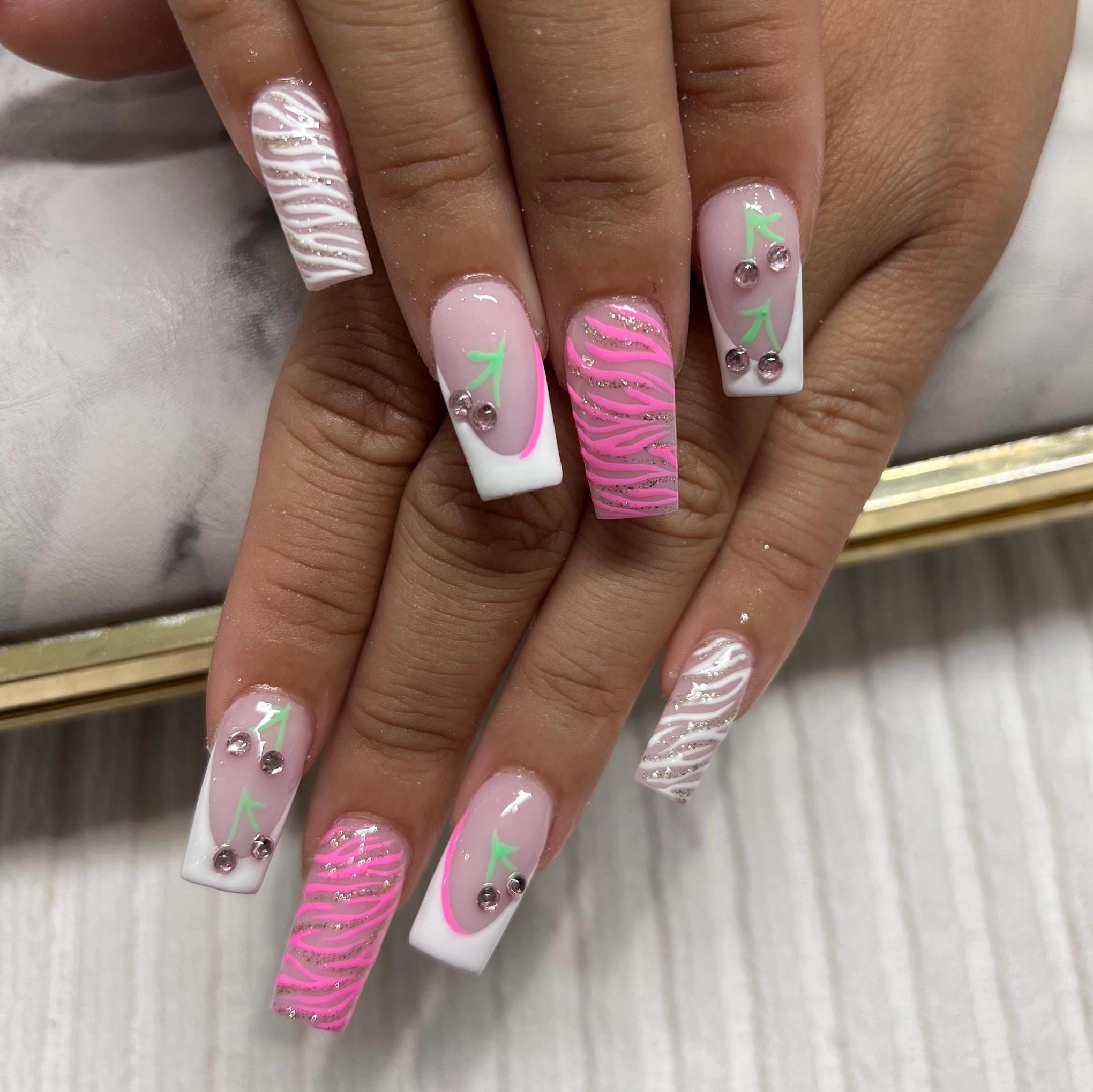 Pink Zebra and Cherry Press on Nails RIYNAILS - Etsy