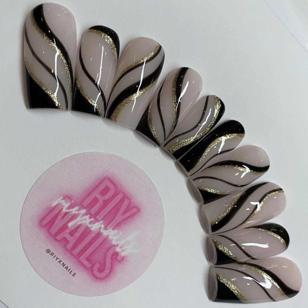 Black and Gold Swirl Press on Nails RIYNAILS - Etsy