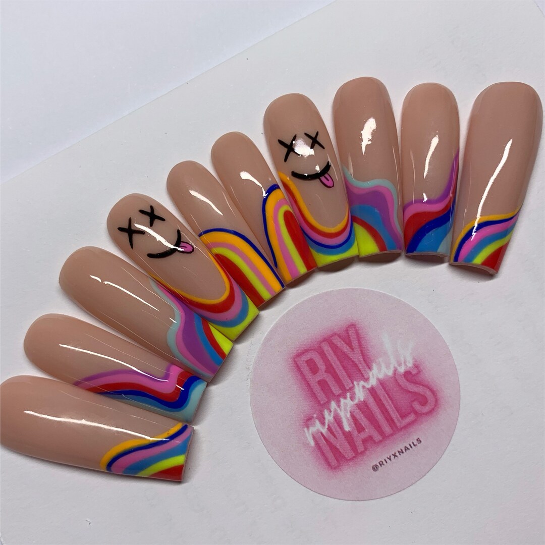 Rainbow Swirl Smiley Face Press Ons RIYNAILS - Etsy