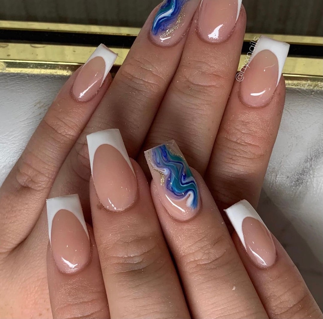 Blue Swirl French Tip Press on Nails RIYNAILS - Etsy