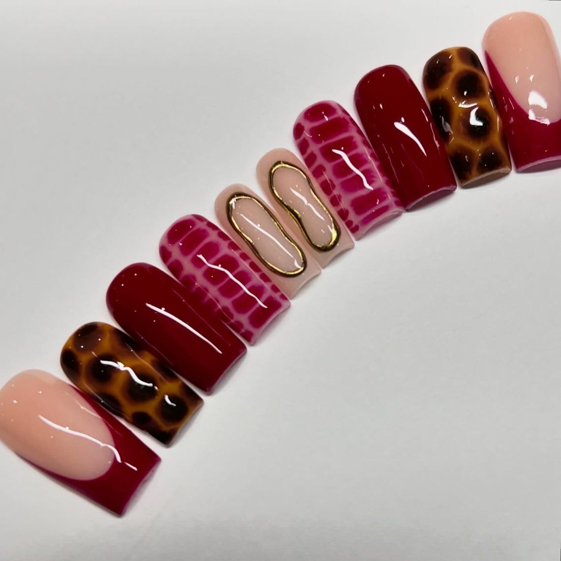 Red Tortie and Croc Print Press on Nails RIYNAILS - Etsy