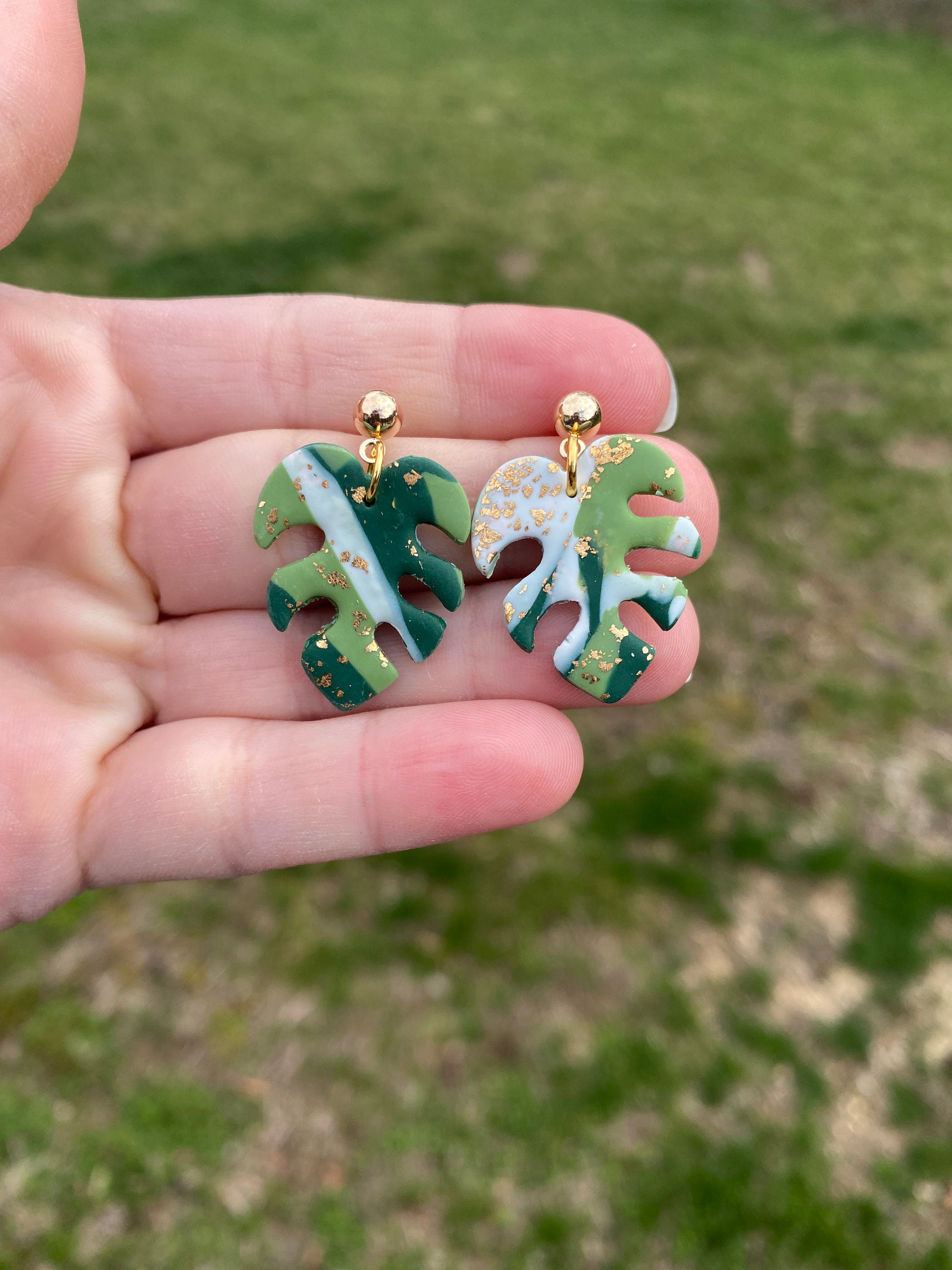 Monstera Leaf Earrings/ Dangle and Stud Clay Earrings - Etsy