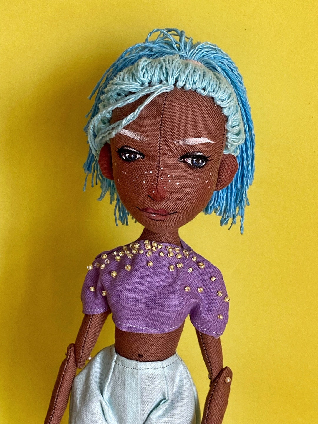 Art Doll Creature Girl With Dark Skin and Blue Hair Ooak - Etsy