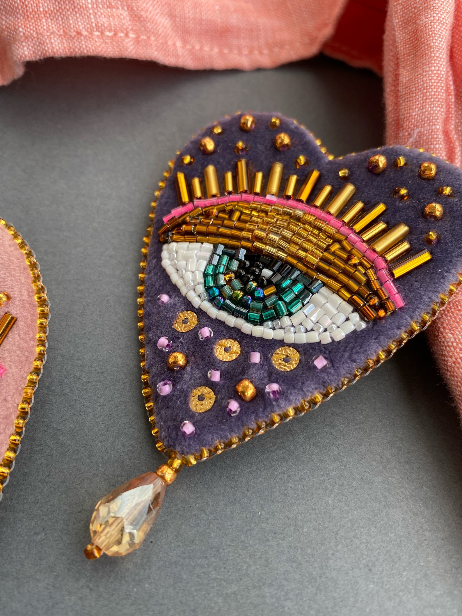 Evil Eye Brooch/ Beaded Heart Brooch/ Velvet Heart Brooch/ Pink ...
