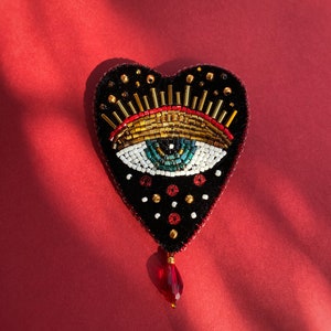 Evil Eye Brooch/ Beaded Heart Brooch/ Black Velvet Heart Brooch ...