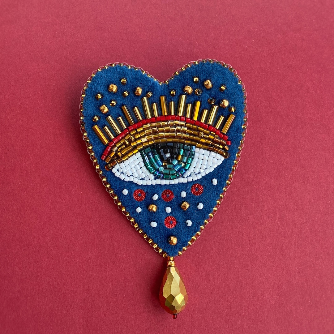 Beaded Brooch Evil Eye/ Bead Embroidery/ Cute Accessories/ Heart Brooch ...