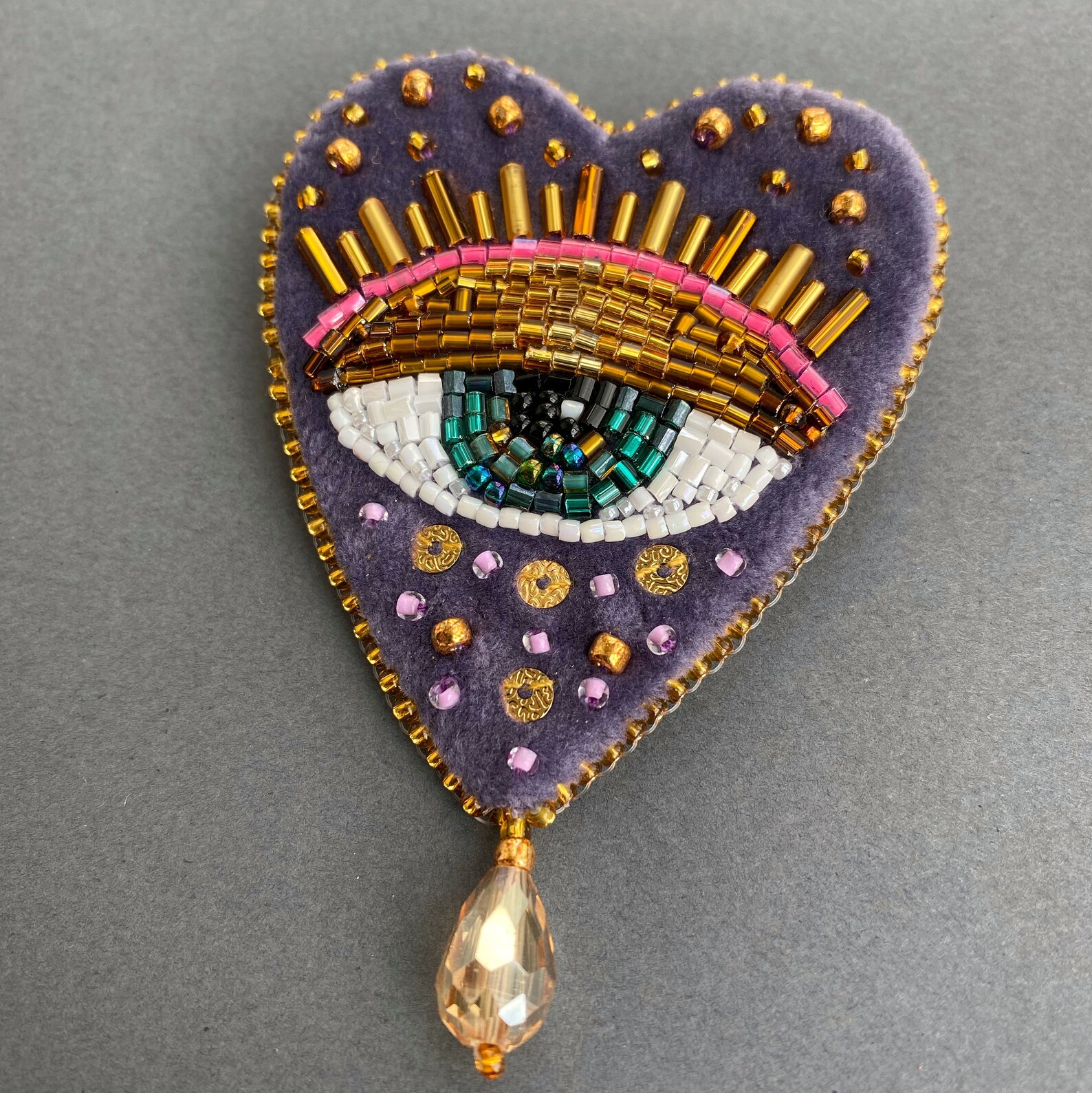 Evil Eye Brooch/ Beaded Heart Brooch/ Velvet Heart Brooch/ Pink ...