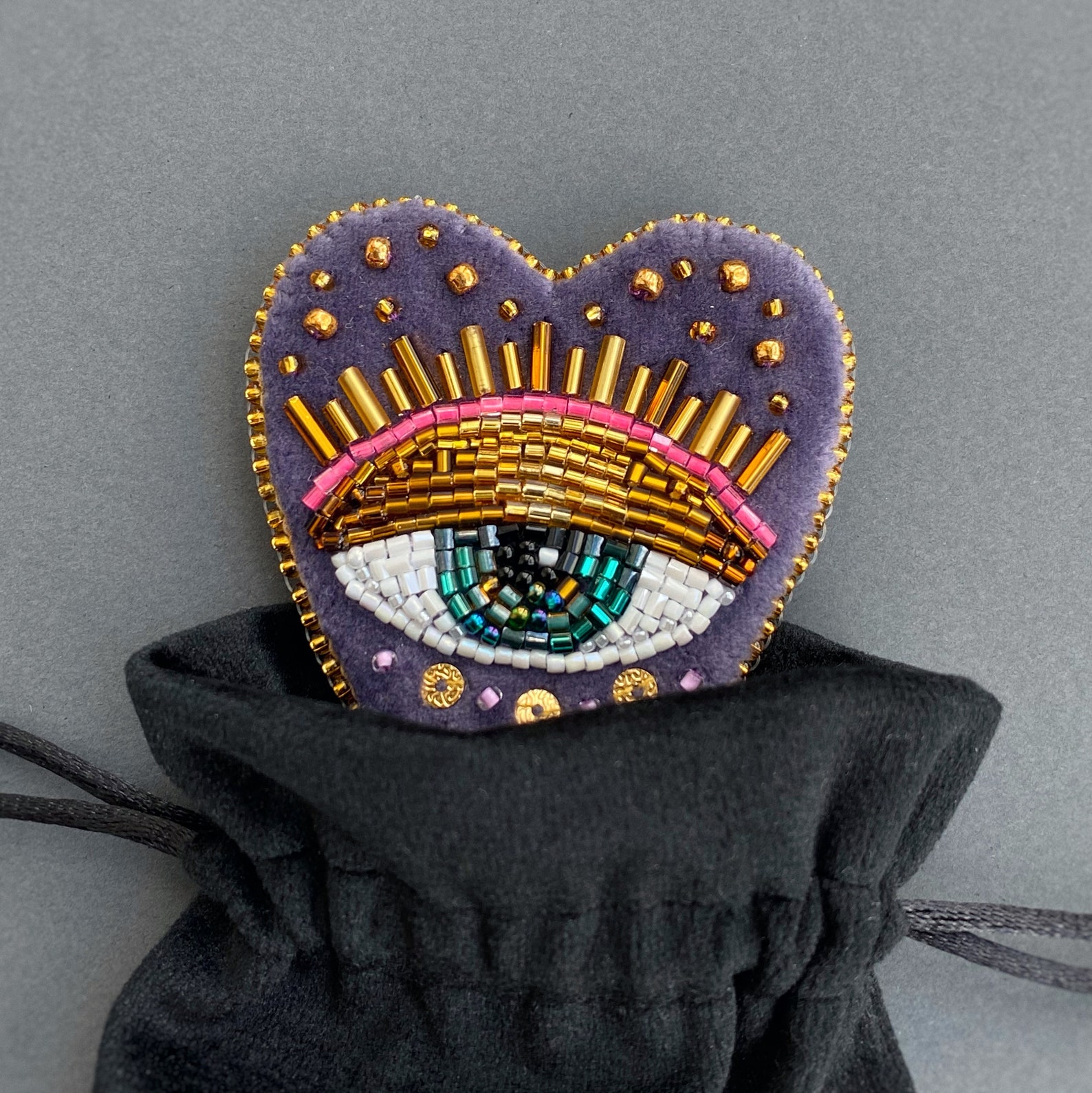 Evil Eye Brooch/ Beaded Heart Brooch/ Velvet Heart Brooch/ Pink ...