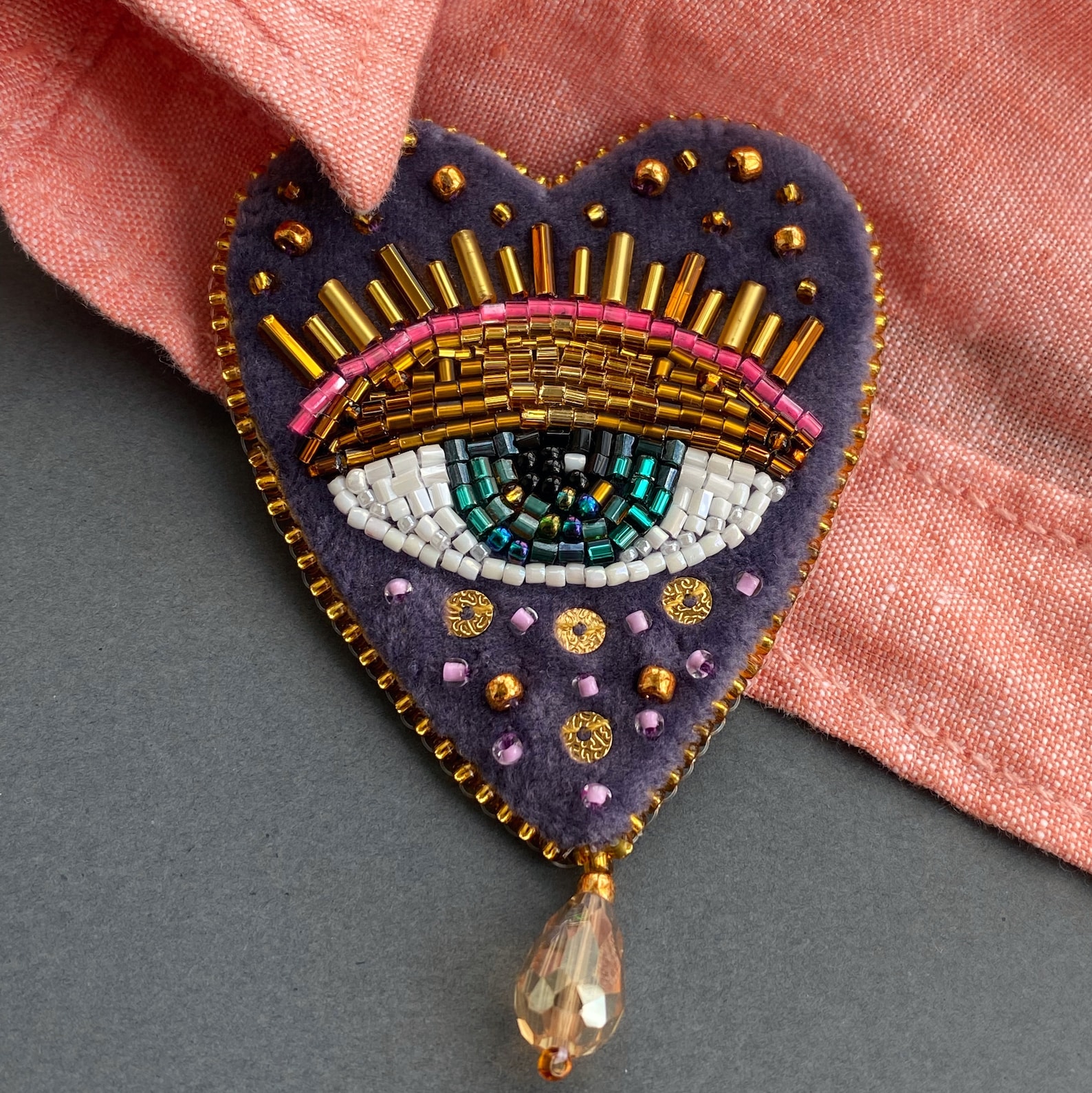 Evil Eye Brooch/ Beaded Heart Brooch/ Velvet Heart Brooch/ Pink ...
