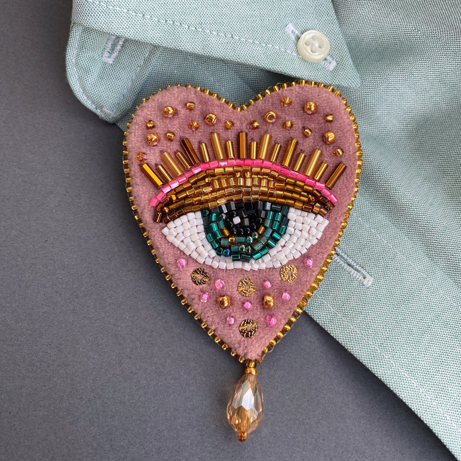 Evil Eye Brooch/ Beaded Heart Brooch/ Velvet Heart Brooch/ Pink ...