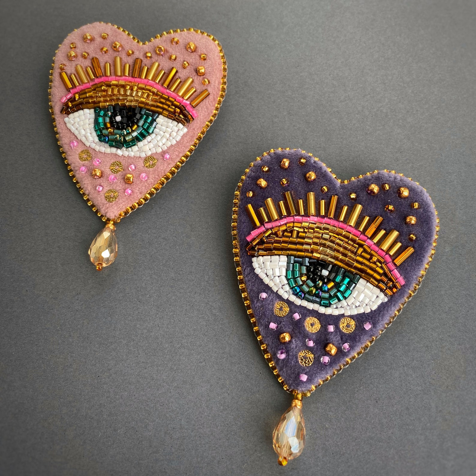 Evil Eye Brooch/ Beaded Heart Brooch/ Velvet Heart Brooch/ Pink ...