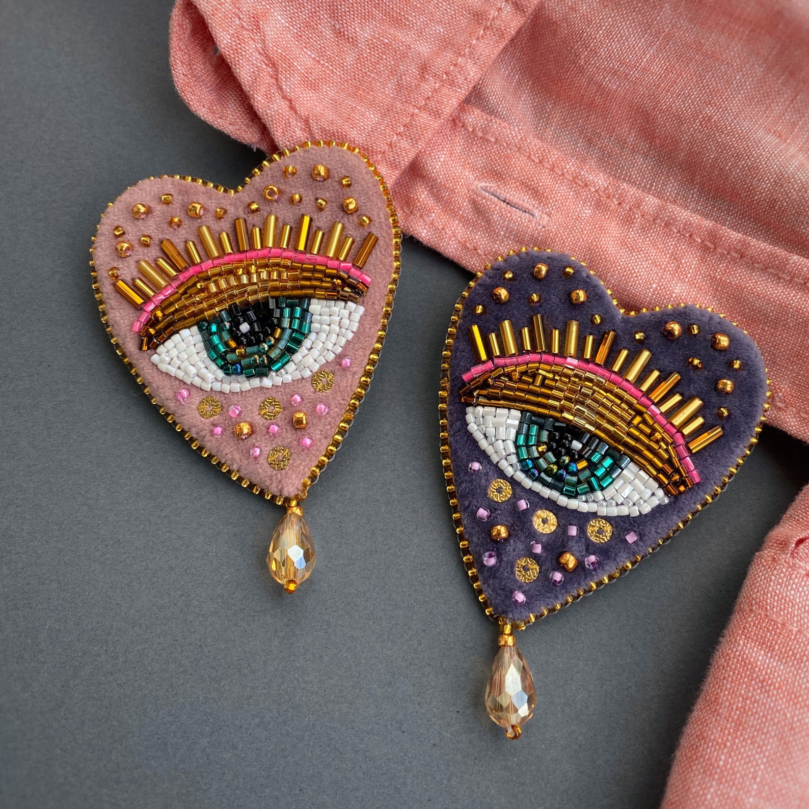 Evil Eye Brooch/ Beaded Heart Brooch/ Velvet Heart Brooch/ Pink ...