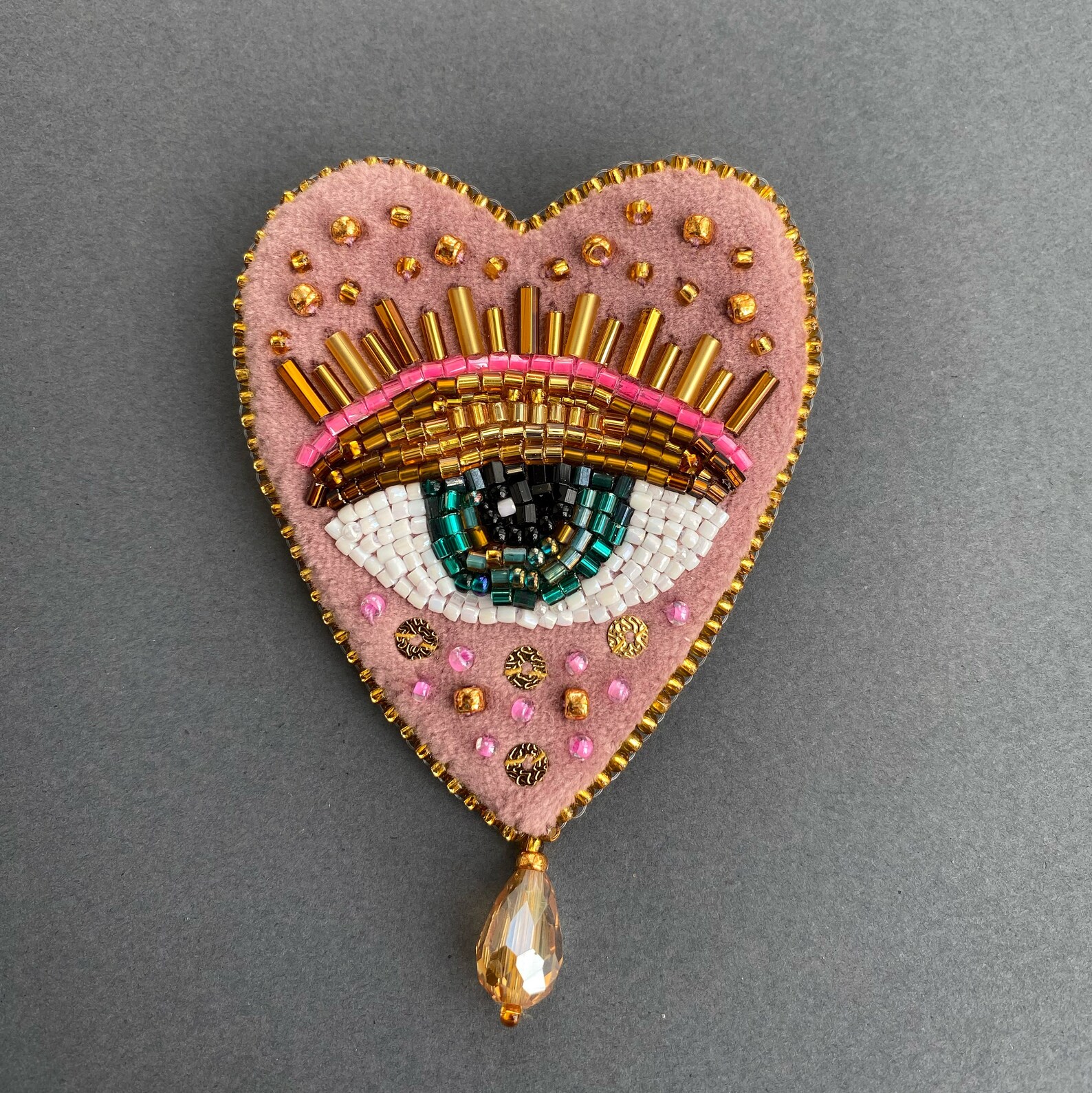 Evil Eye Brooch/ Beaded Heart Brooch/ Velvet Heart Brooch/ Pink ...