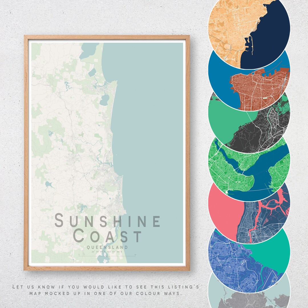 SUNSHINE COAST Map Print Queensland Australia City Map Print Mono Wall ...