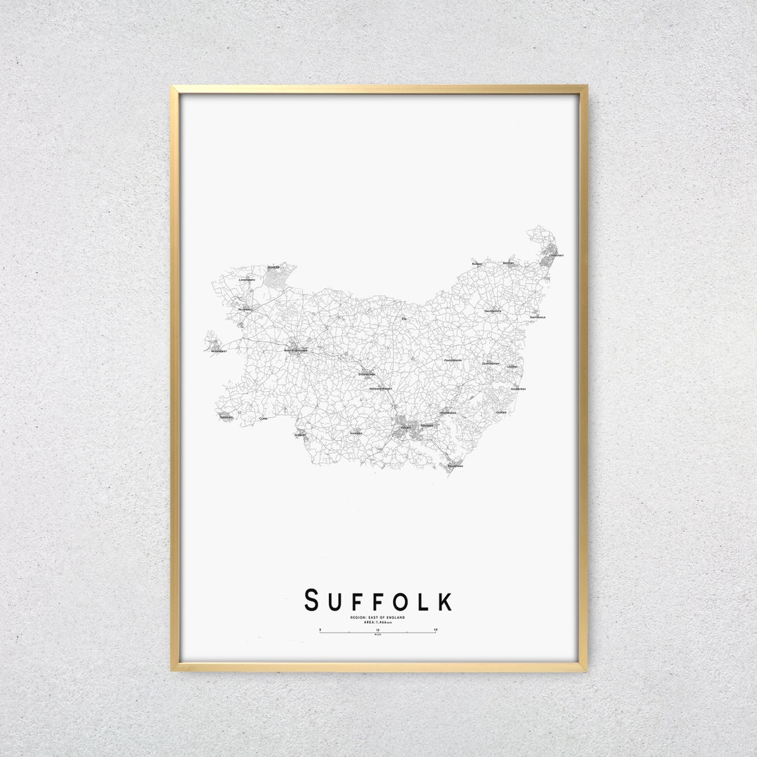 SUFFOLK Road Map Print Black & White England City Map Print Mono Wall ...