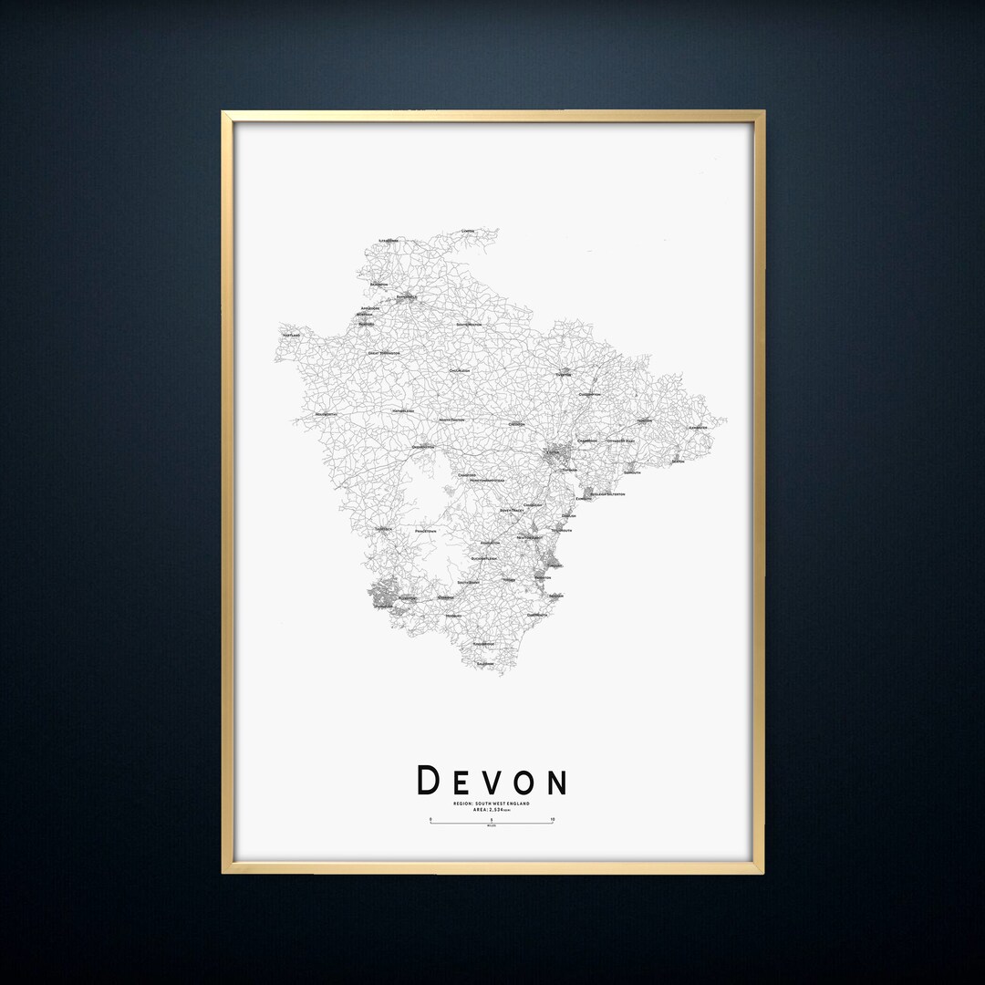 DEVON Road Map Print Black & White England City Map Print Mono Wall Art ...