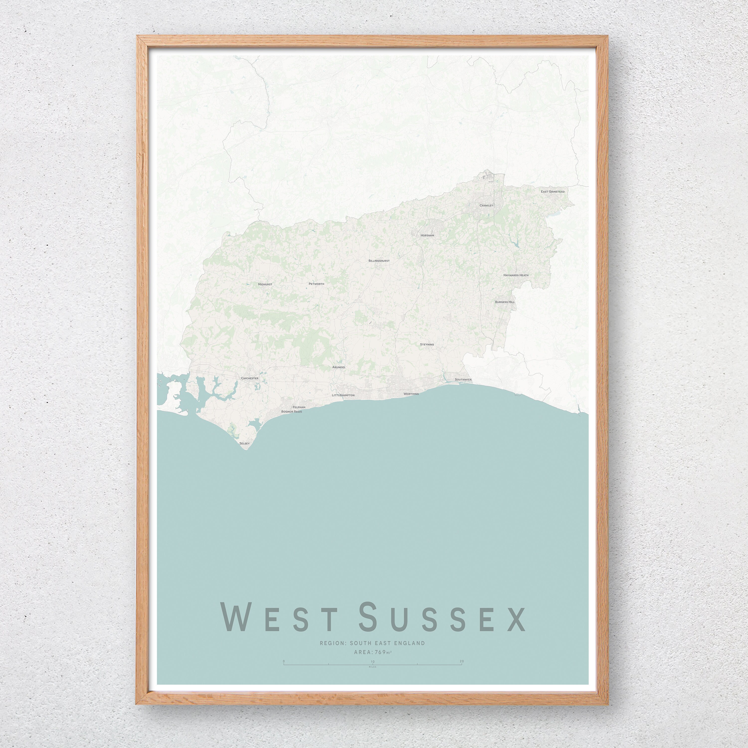 WEST SUSSEX Map Print England County Map Print Mono Wall Art Poster ...