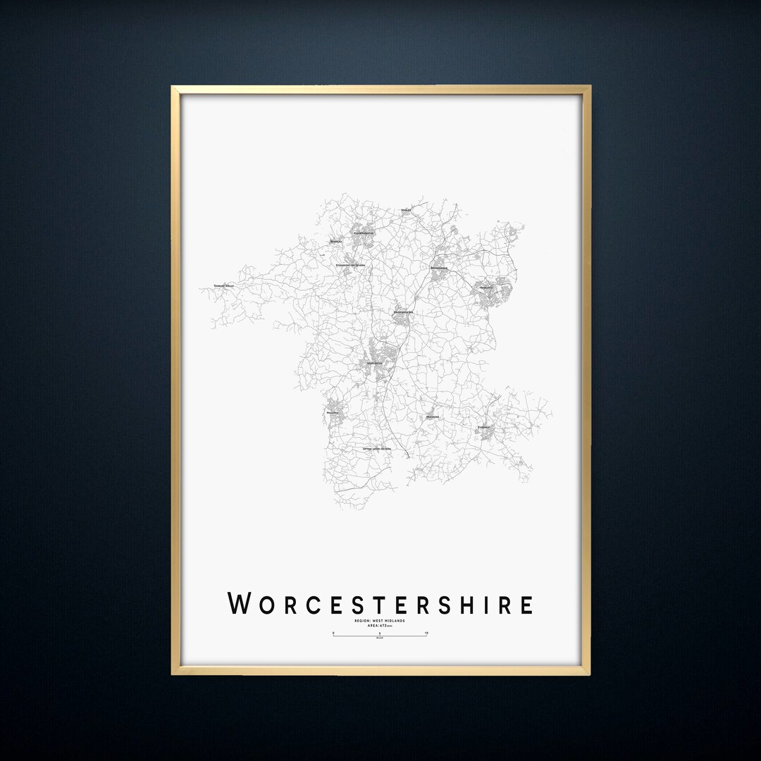 WORCESTERSHIRE Road Map Print Black & White England City Map Print Mono ...