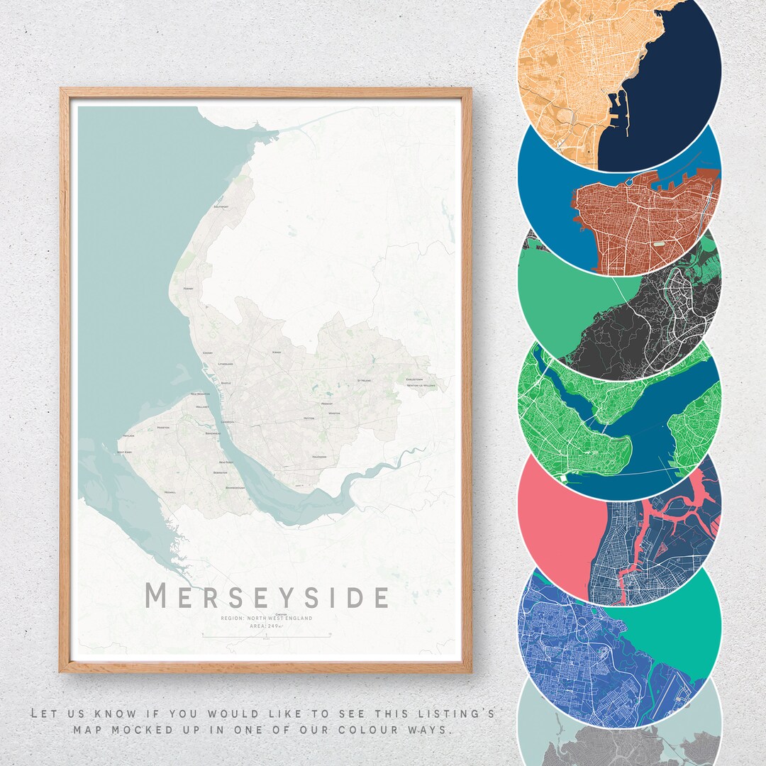 MERSEYSIDE Map Print England County Map Print Mono Wall Art Poster ...
