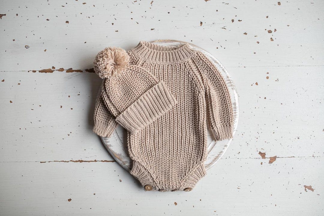 Newborn Coming Home Outfit Knitted Baby Chunky Romper and Hat With Pom ...