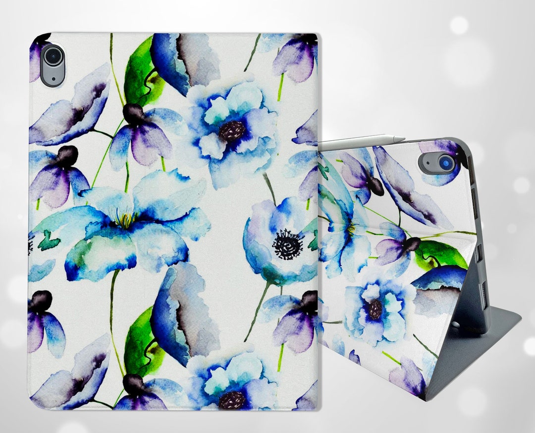Blue Flowers iPad Case With Pencil Holder iPad Air Case M2 iPad Pro 12. ...