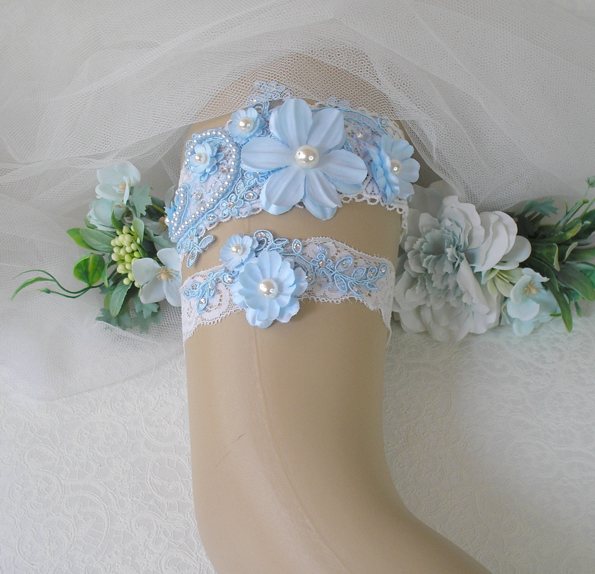 Double Garter White Lace Flowers Blue Lace Flowers Sky Beads - Etsy UK
