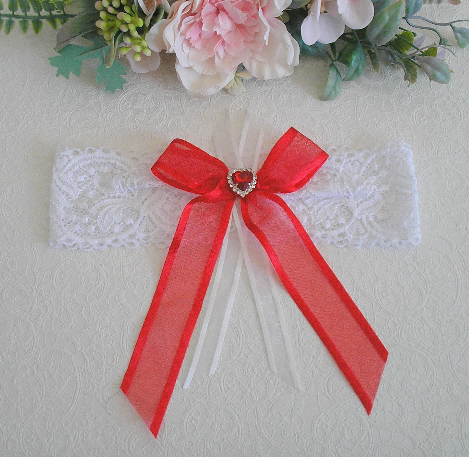 Garter White Lace Red Ribbon Heart Pendant Red Crystal - Etsy UK