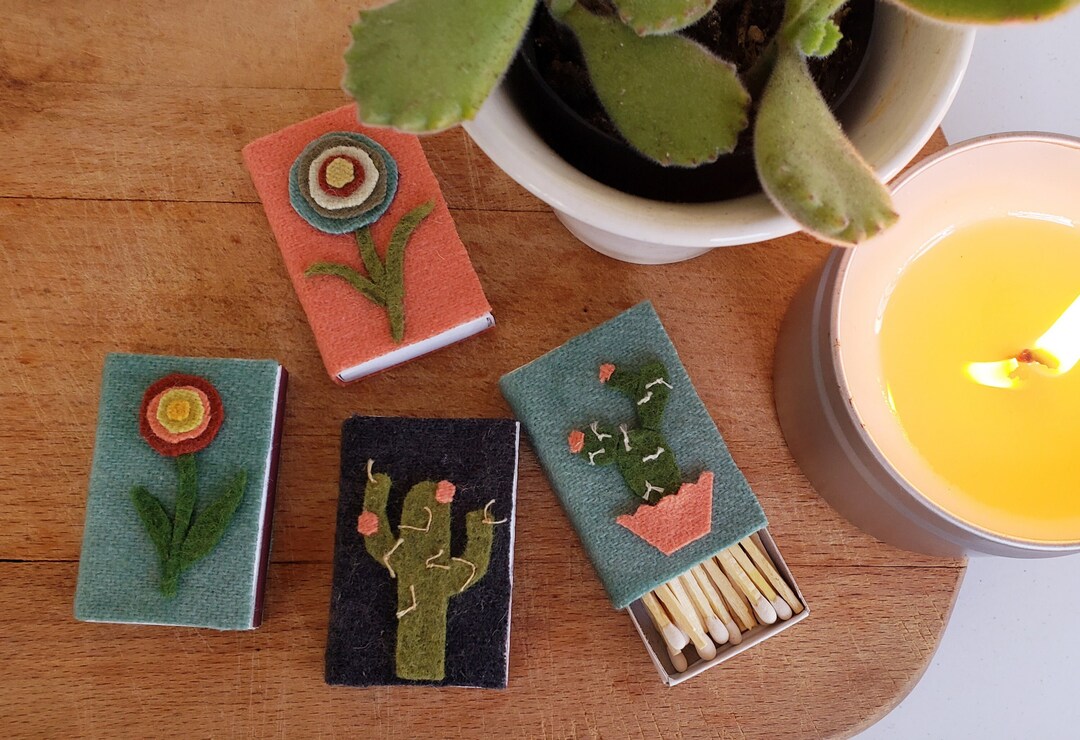 Cacti and Flowers Decorative Match Boxes, Handmade Felt Covered Match ...