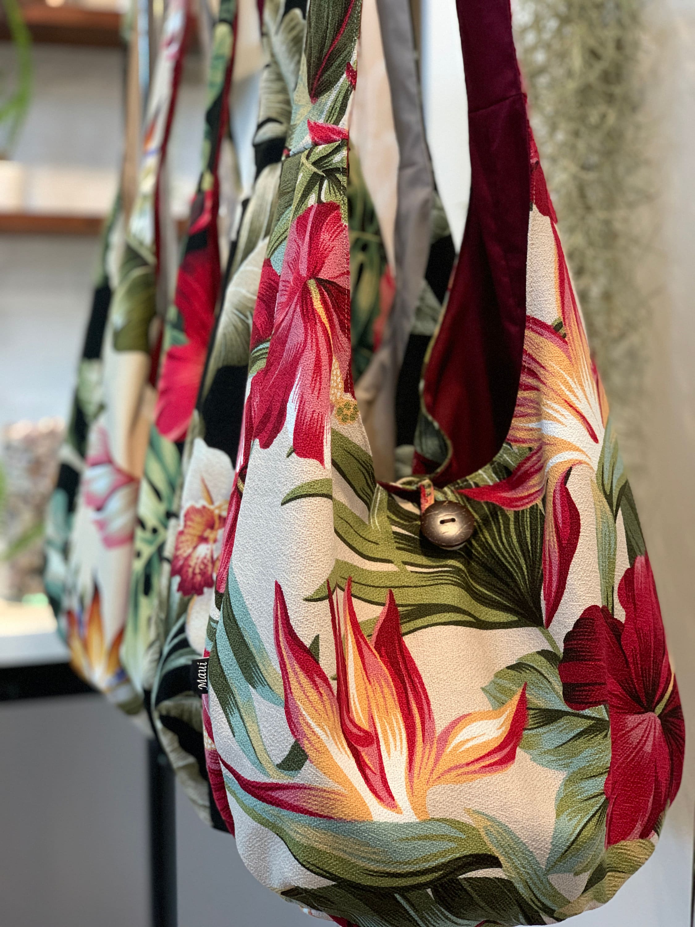 Hawaiian Barkcloth Shoulder Bag: Red Hibiscus & Bird of Paradise ...