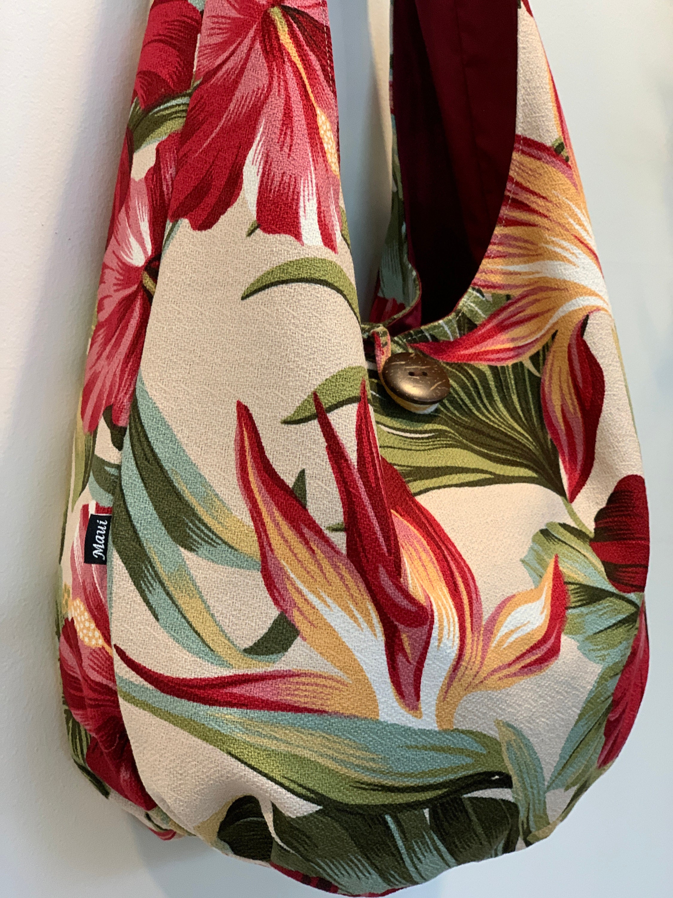 Hawaiian Barkcloth Shoulder Bag: Red Hibiscus & Bird of Paradise ...