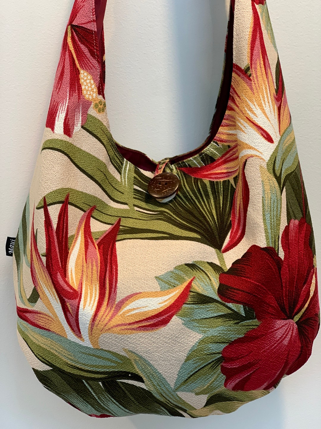 Hawaiian Barkcloth Shoulder Bag: Red Hibiscus & Bird of Paradise ...