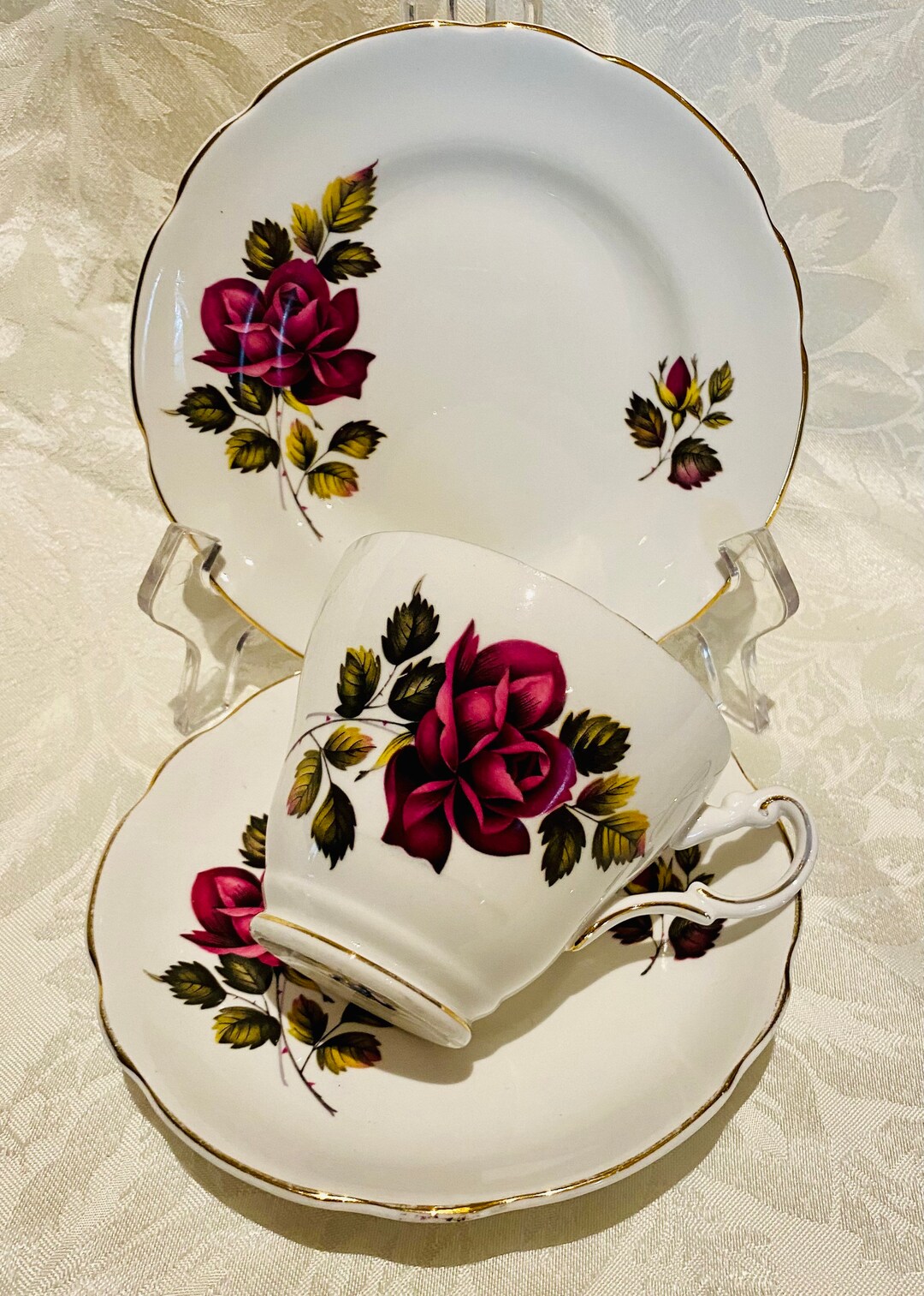 Regency Dark Red Roses Cup, Saucer and Plate Set - Etsy