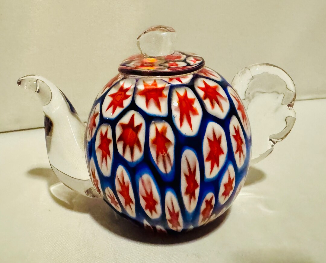 Art Glass Millefiora Teapot Paperweight Red/white/navy - Etsy
