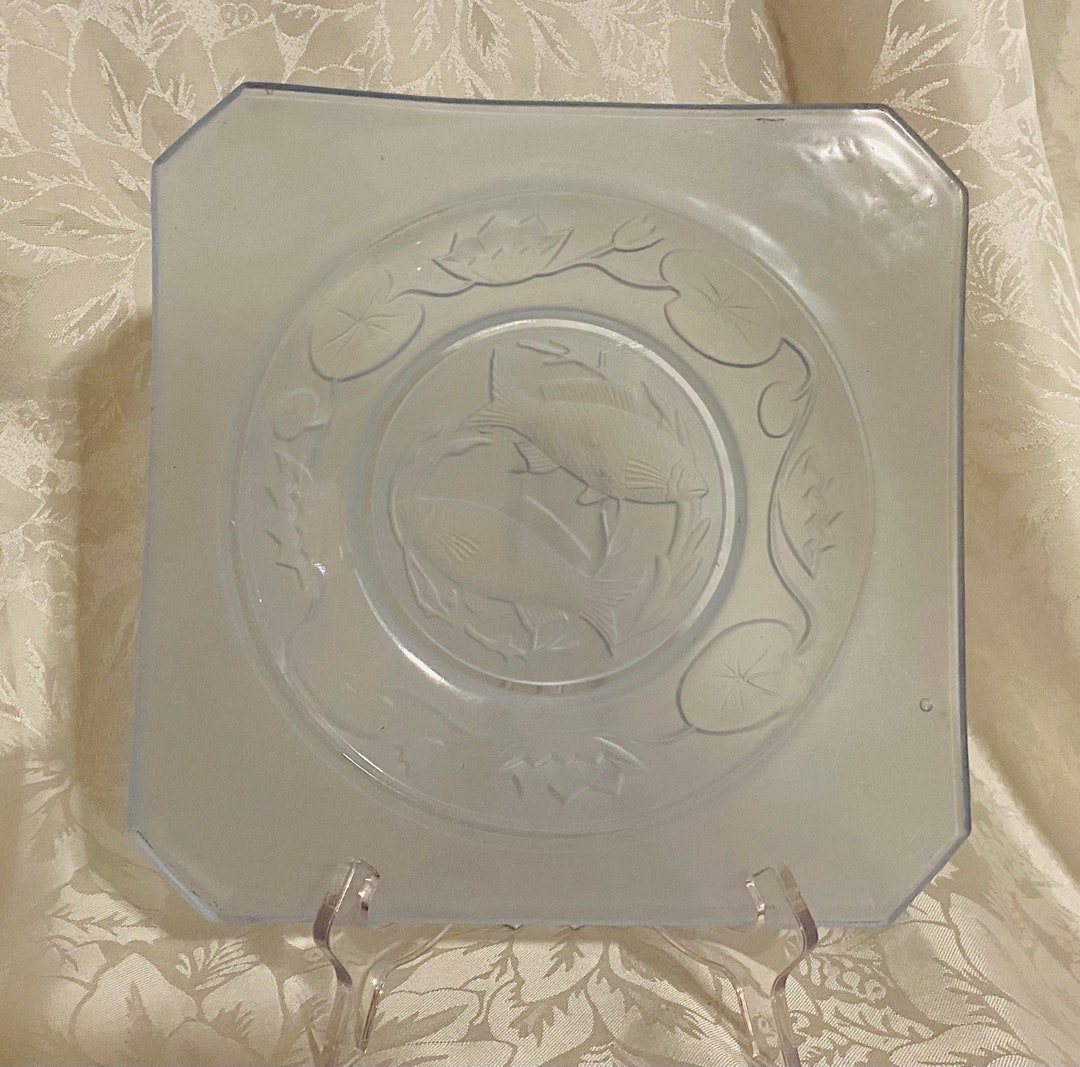 Blue Depression Glass Plate Designed by Bagley With Fish - Etsy