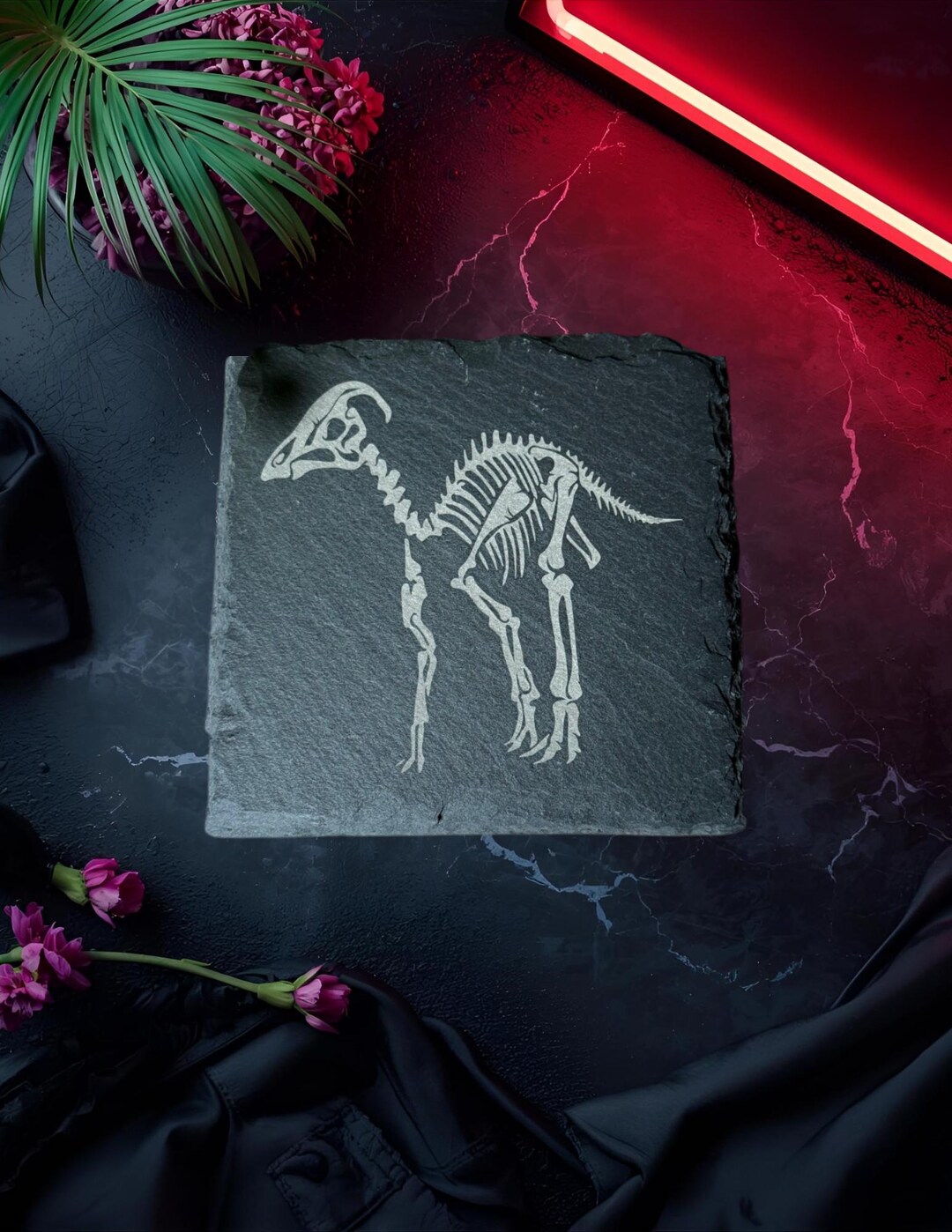 Parasaur Fossil Skeleton Coaster, Slate Stone Laser Engraved Dinosaur ...