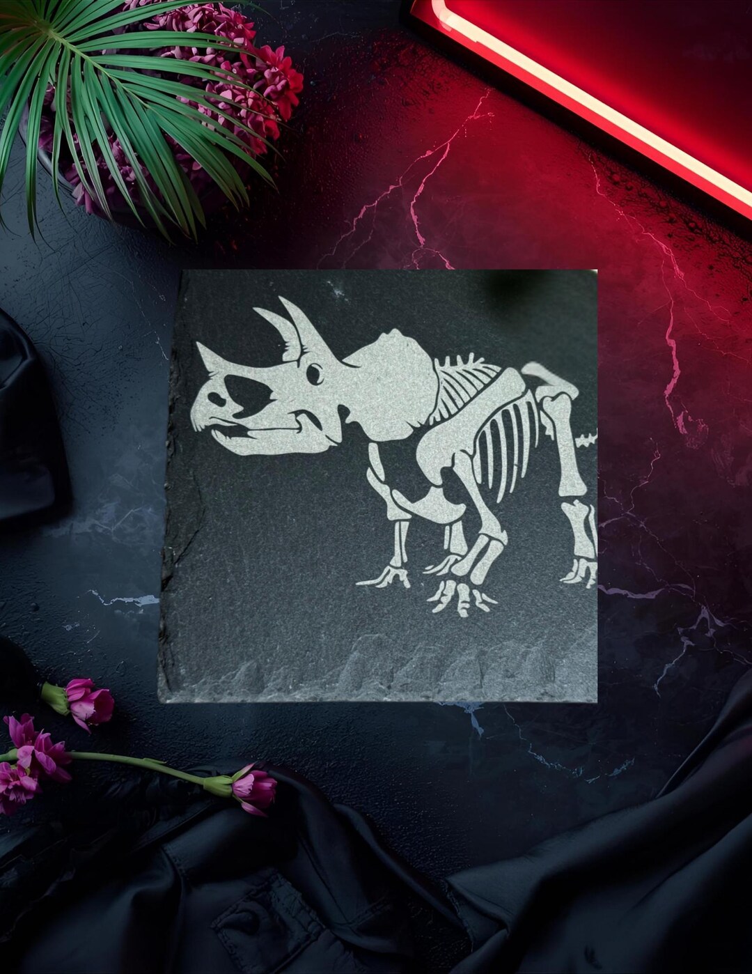 Triceratops Fossil Skeleton Coaster, Slate Stone Laser Engraved ...
