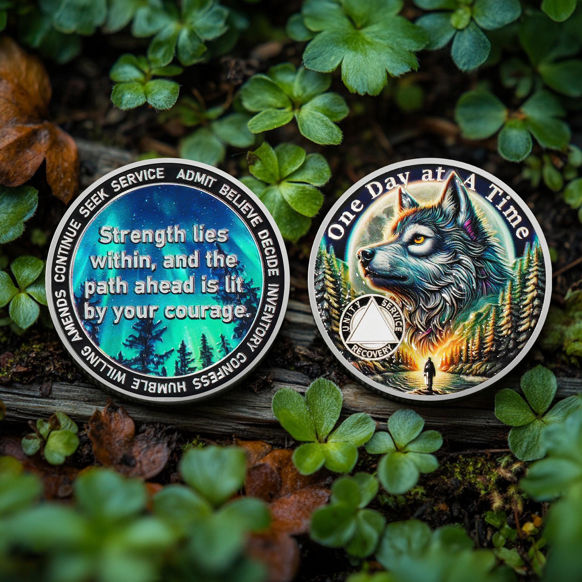 1-99 Years Aurora Wolf AA Medallion, Anniversary Sobriety Coin Recovery ...