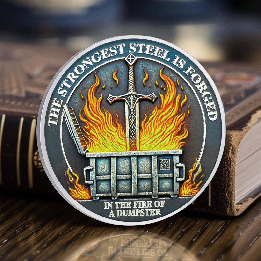 Dumpster Fire Challenge Coin, Knight and Sword Medallion Motivational ...