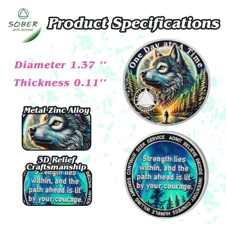 1-99 Years Aurora Wolf AA Medallion, Anniversary Sobriety Coin Recovery ...