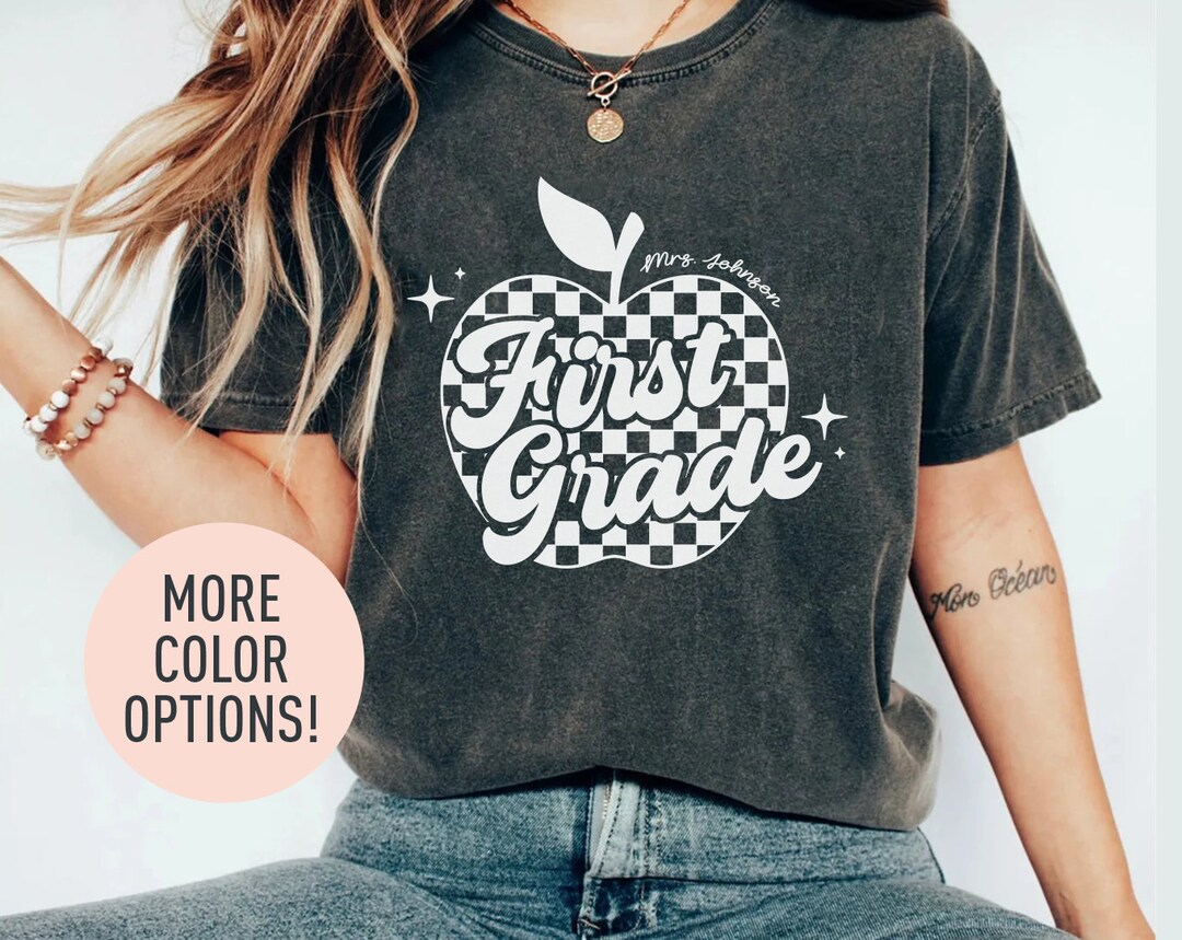 Checkered Apple First Grade Shirt, Personalized Teacher Shirt, Custom ...