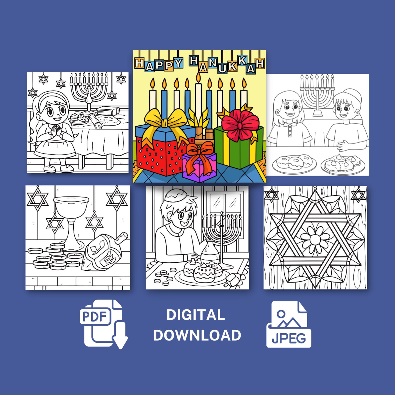 Hanukkah Coloring Pages for Kids, Hanukkah Printable, Jewish Coloring ...