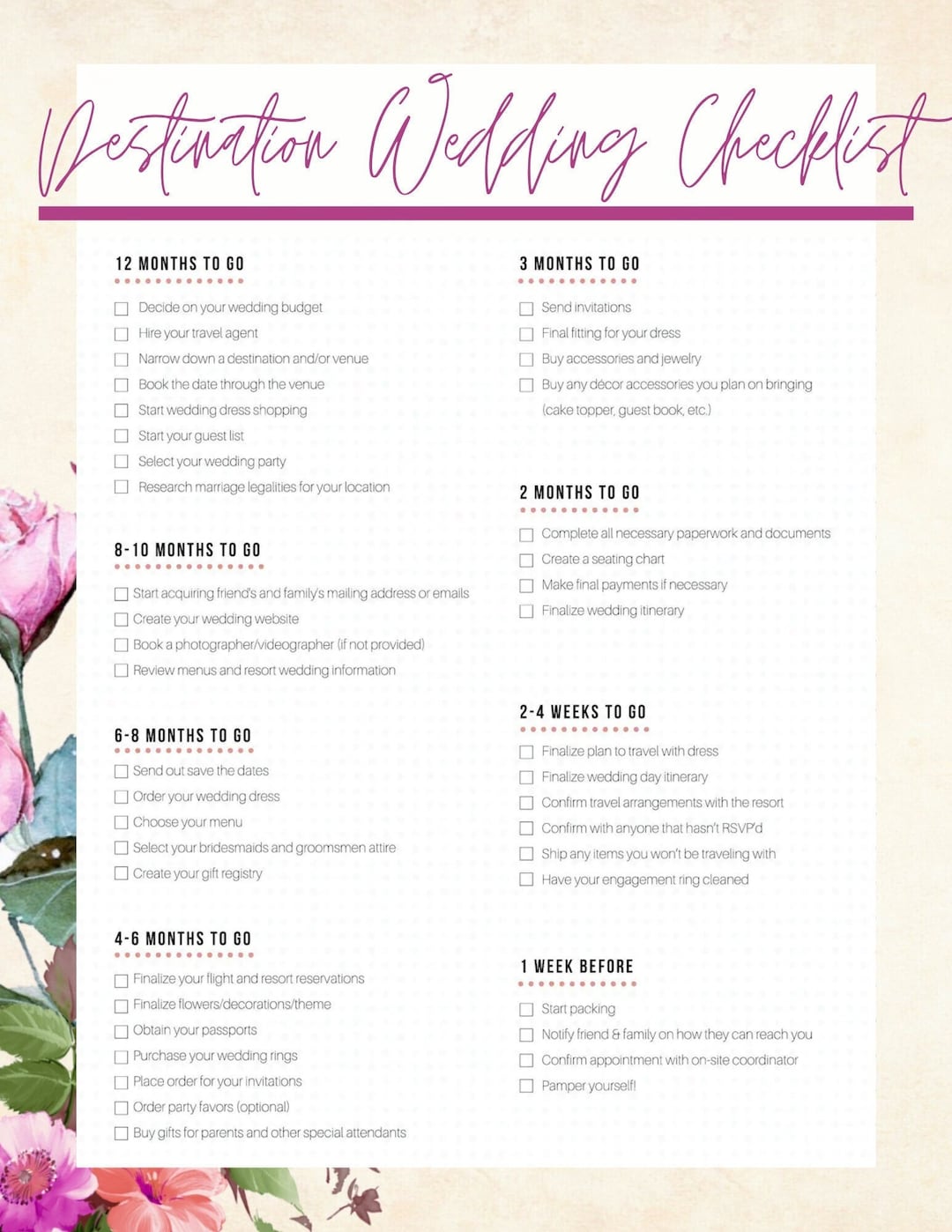 Destination Wedding Checklist - Etsy