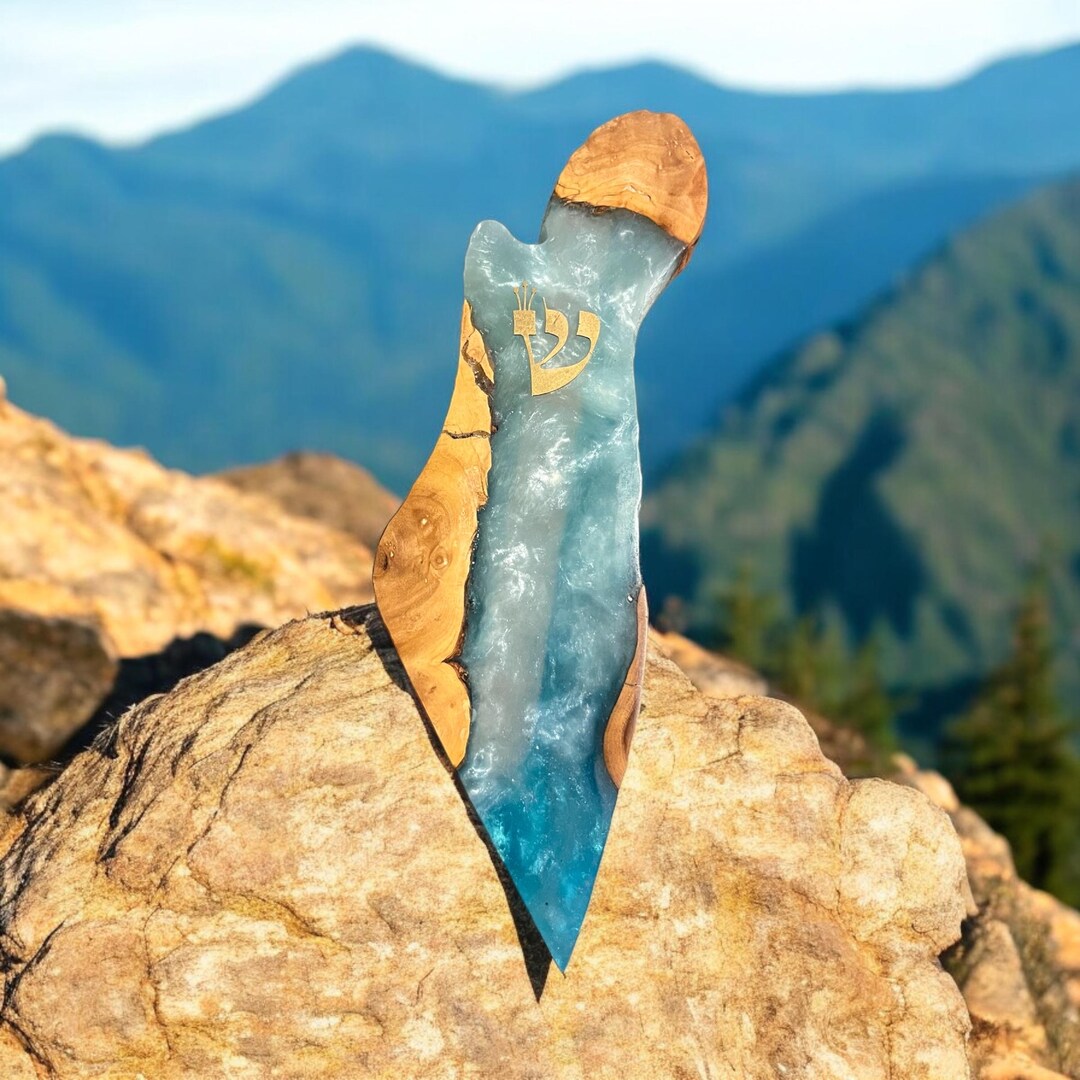 Olive Wood Mezuzah Case - Israel Map, Blue Resin Accent - Etsy