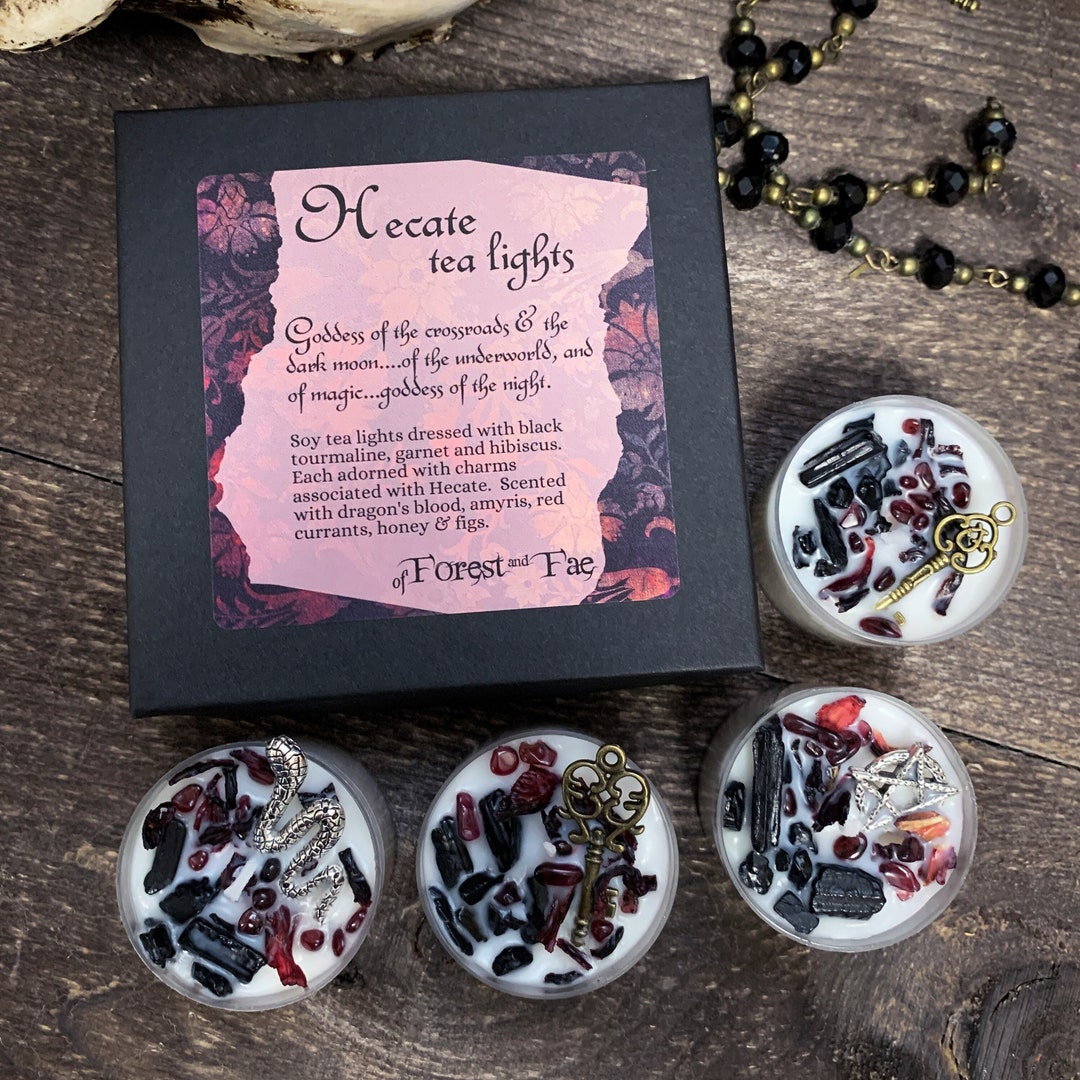 Hecate Tea Light Candle Set | Crystal Infused | Herb Infused | Crystal ...