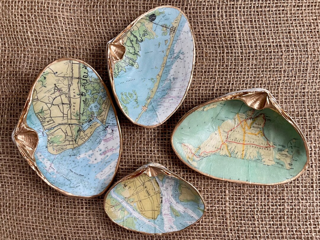 Map or NOAA Chart Shells Gilded and Decoupaged Natural Clam Shells - Etsy