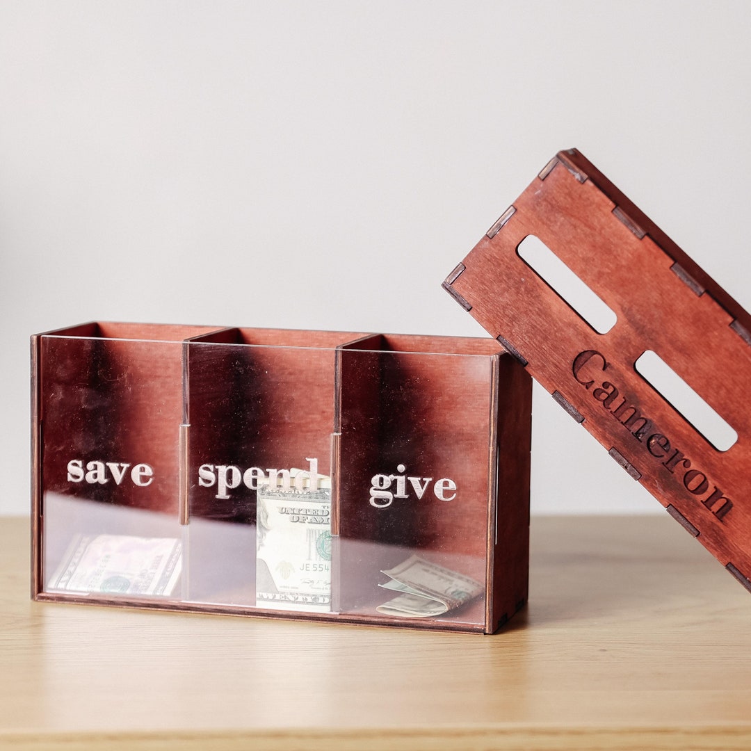 Save Spend Share Bank, Wood Saving Piggy Bank, Custom Divided Piggy ...