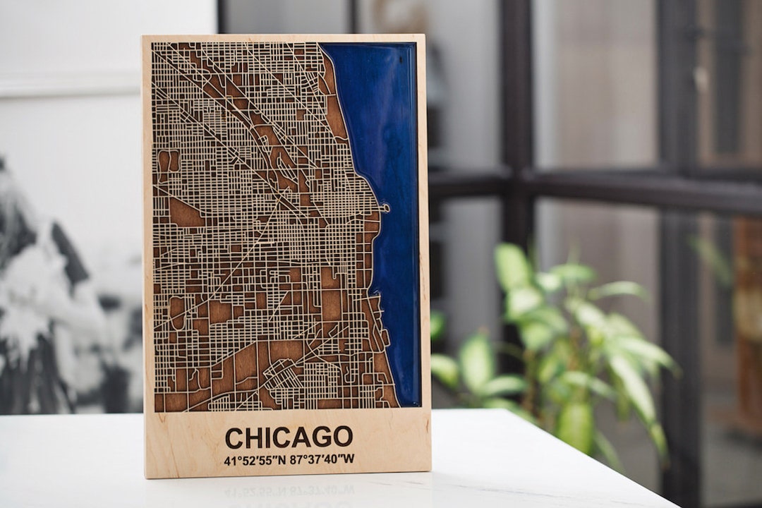 Chicago Street Map Wood 3D City Map Wooden Street Cutouts Illinois ...