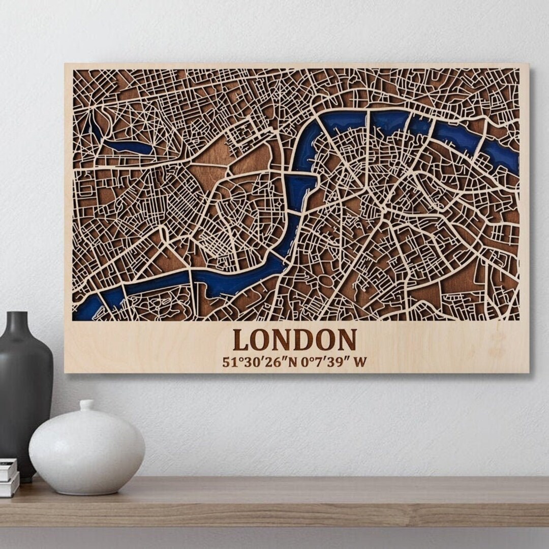London City Map Wooden Street Map, 5th Anniversary Gift, Custom Laser ...